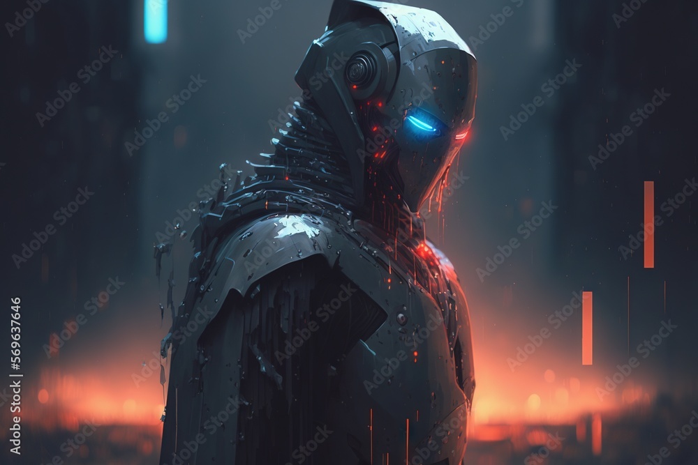 a robot with glowing eyes standing in a dark room with a neon light on ...