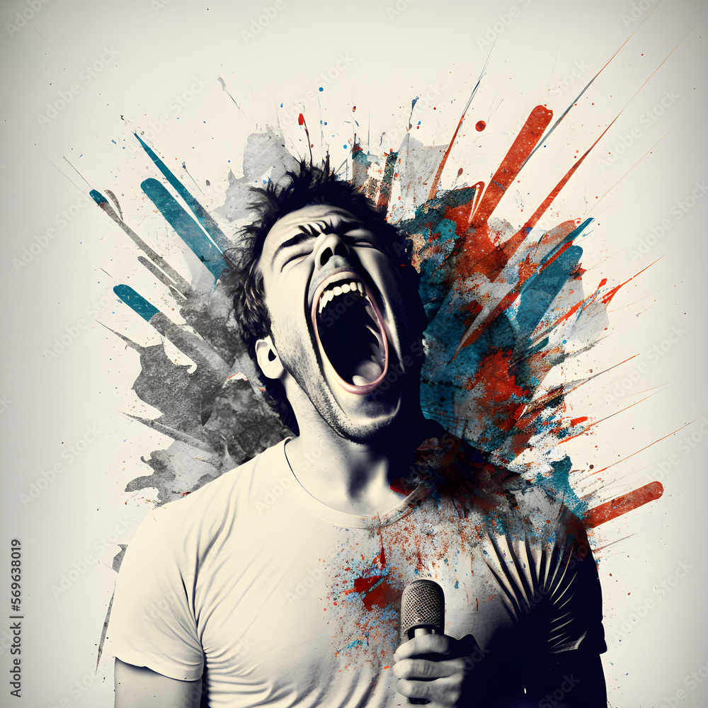 expressive singer, mouth wide open, red blue color splash, album cover ...