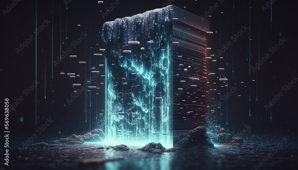 Digital data flow, water flow, hydropower, renewable energy, data lake ...