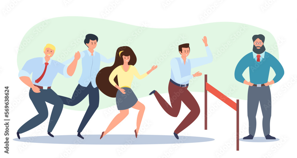 Team of workers running towards finish line ribbon and leader. Happy ...