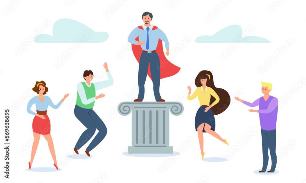 Business leader with superhero cape on pedestal and happy team. People ...