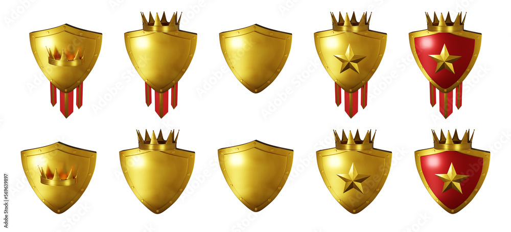 3D golden shield set, level up game badge, realistic metal render ...