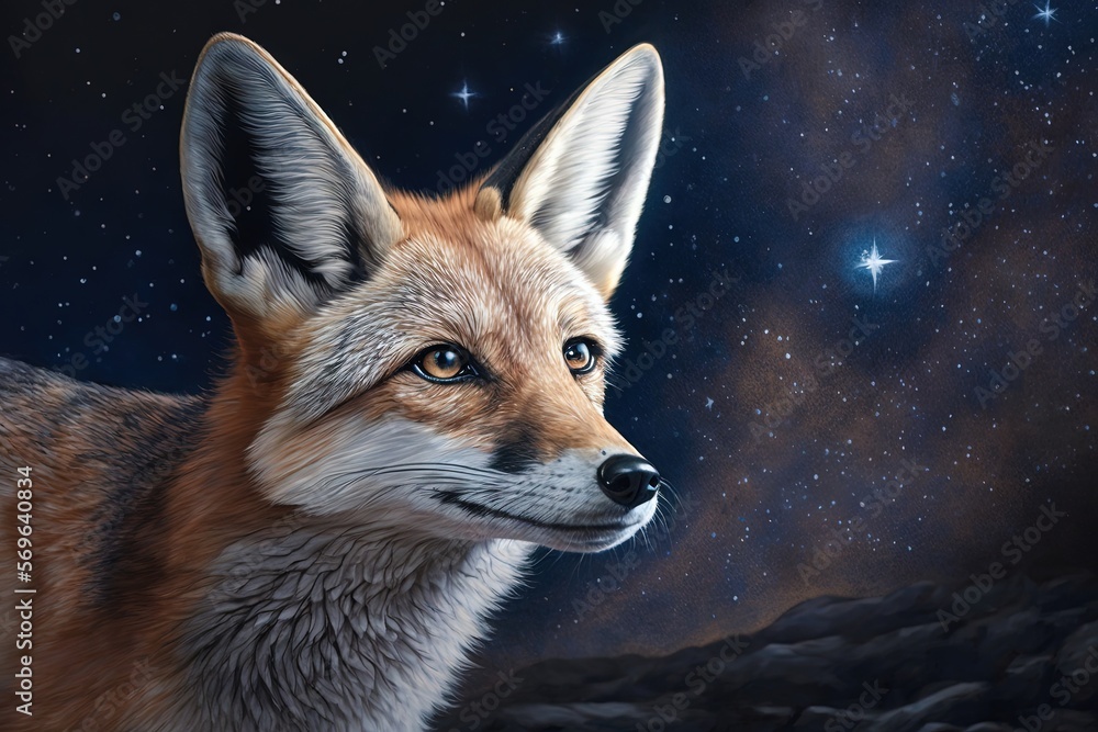a painting of a fox looking at the stars in the night sky with the moon ...