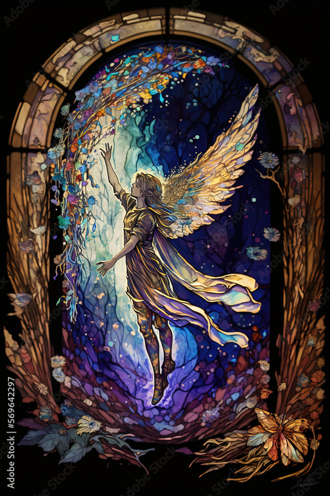 "A highly detailed image of a full-bodied angel flying on a stained ...
