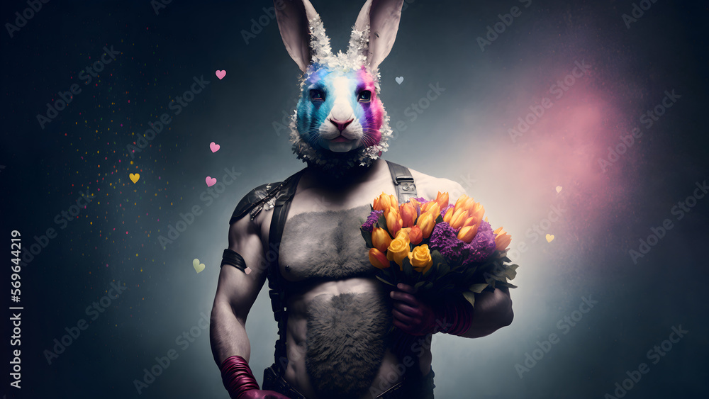 caucasian shirtless masculine man with rabbit head holding bouquet of ...