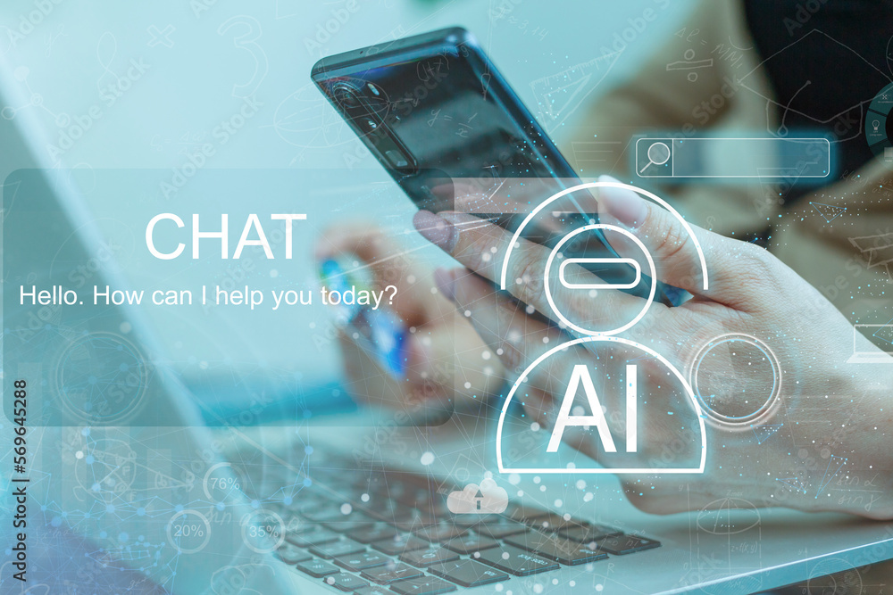 ChatGPT Chat with AI or Artificial Intelligence. Young businessman ...