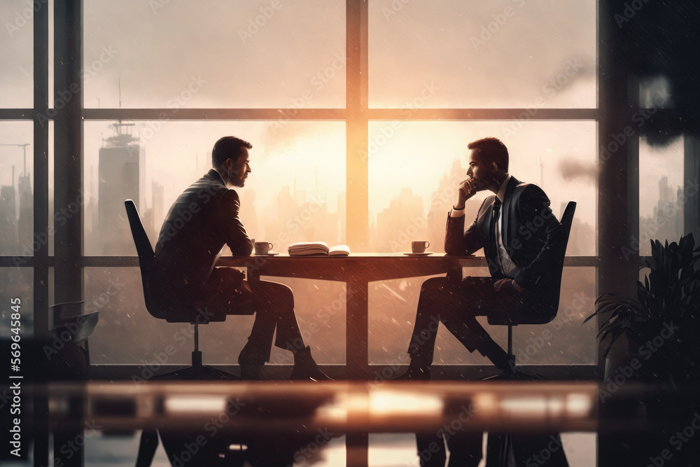 Generative AI.Two businessmen negotiate in a modern office with a view ...