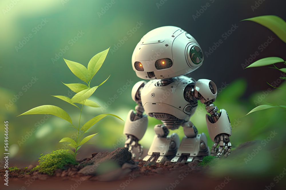 Little robot with growing plant. New life, spring. Generative AI Stock ...