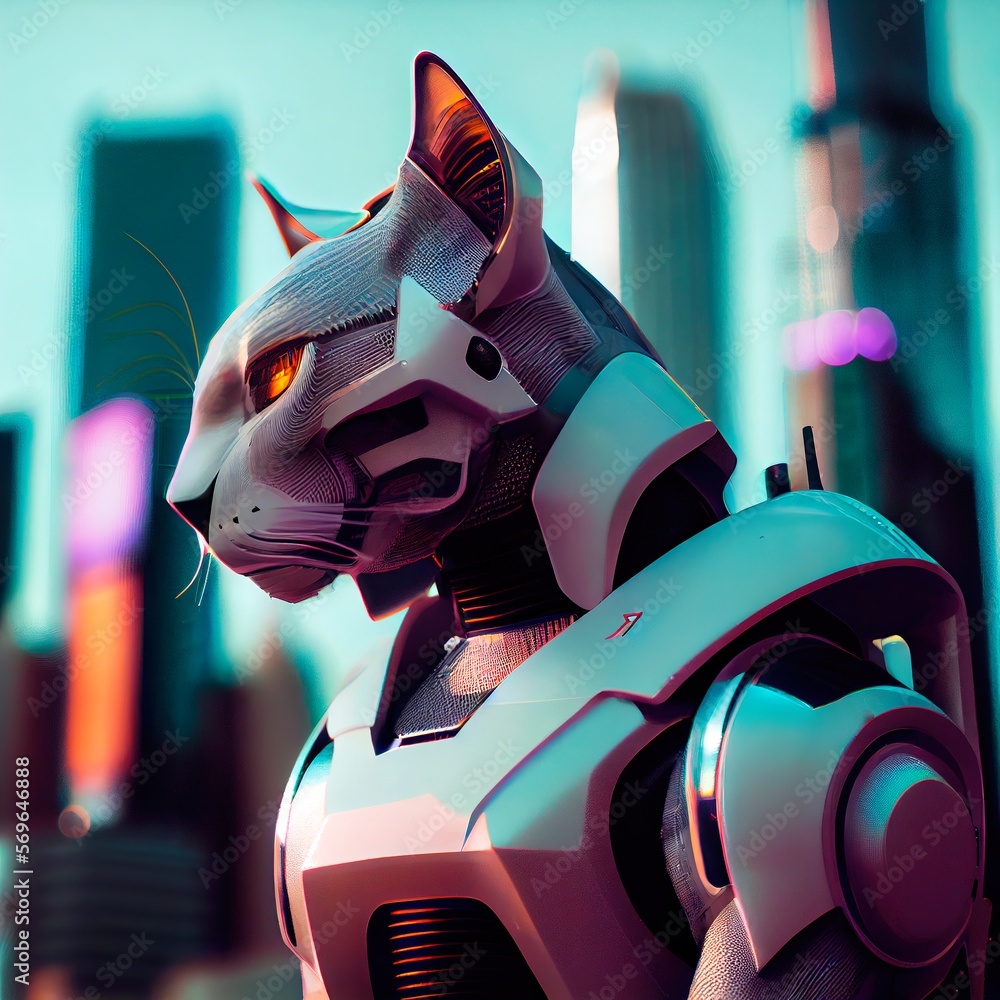 Portrait of a futuristic robot cat. An artistic abstract cyberpunk ...