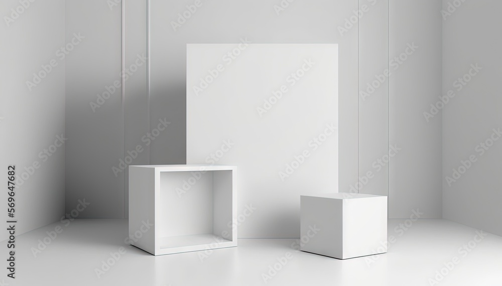 a white room with a white box and a white box on the floor and a white ...