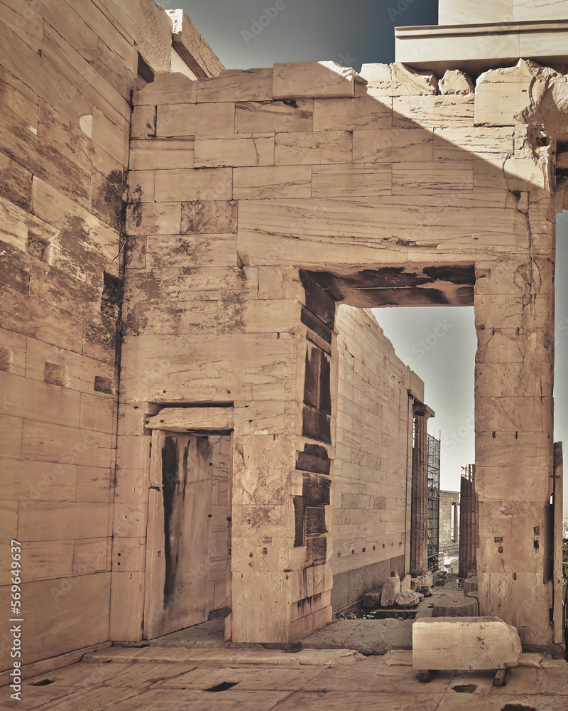 One of the impressive gates of Acropolis of Athens. The heavily ...