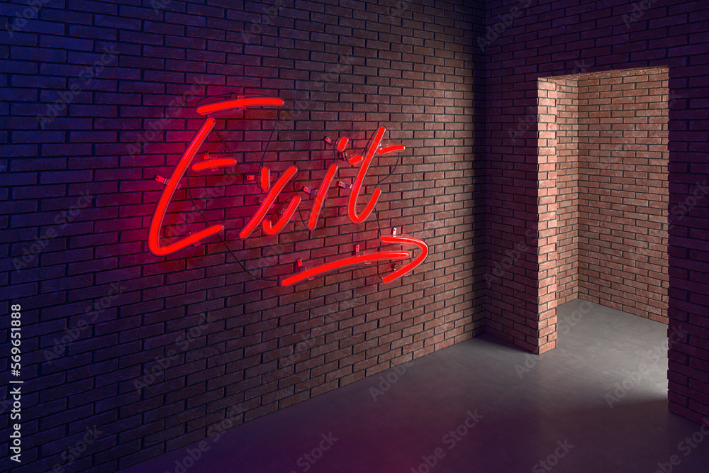 On a brick wall there is a glowing red neon sign with the inscription ...