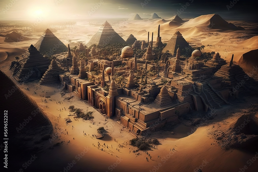 Aerial view of ancient egyptian pyramid with arches and river ...