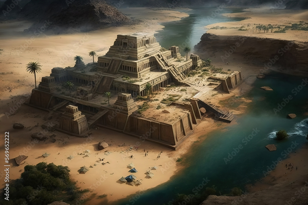 Aerial view of ancient egyptian pyramid with arches and river ...