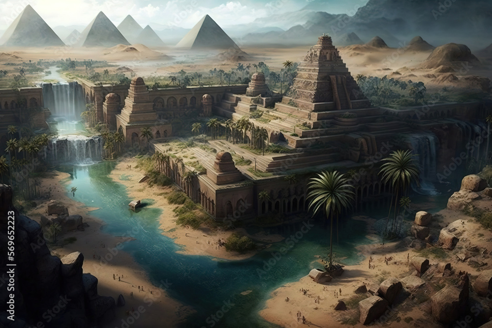 Aerial view of ancient egyptian pyramid with arches and river ...