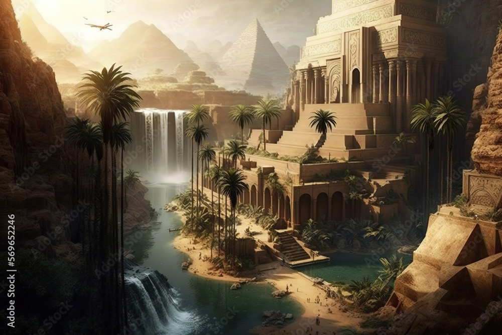 Aerial view of ancient egyptian pyramid with arches and river ...