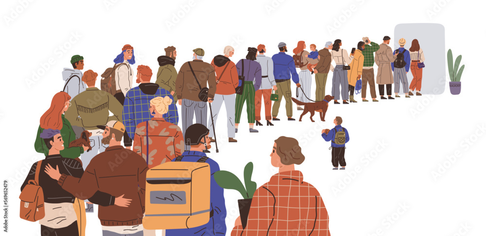 Big queue. Many, multitude people waiting in long line, back view ...