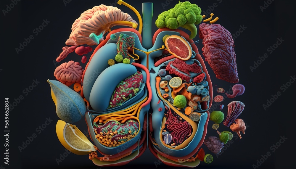 Anatomy of the Human digestive system with wholesome foods for specific ...