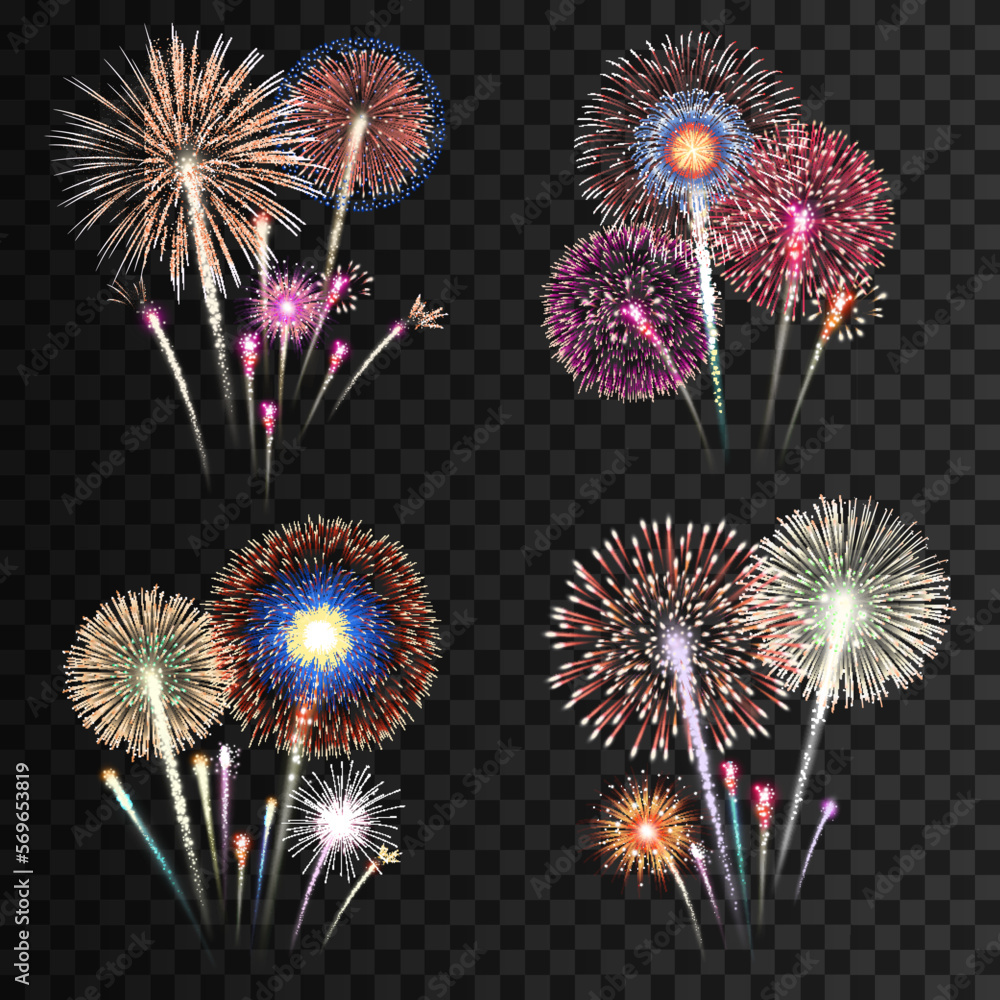Groups of realistic fireworks isolated on transparent background ...
