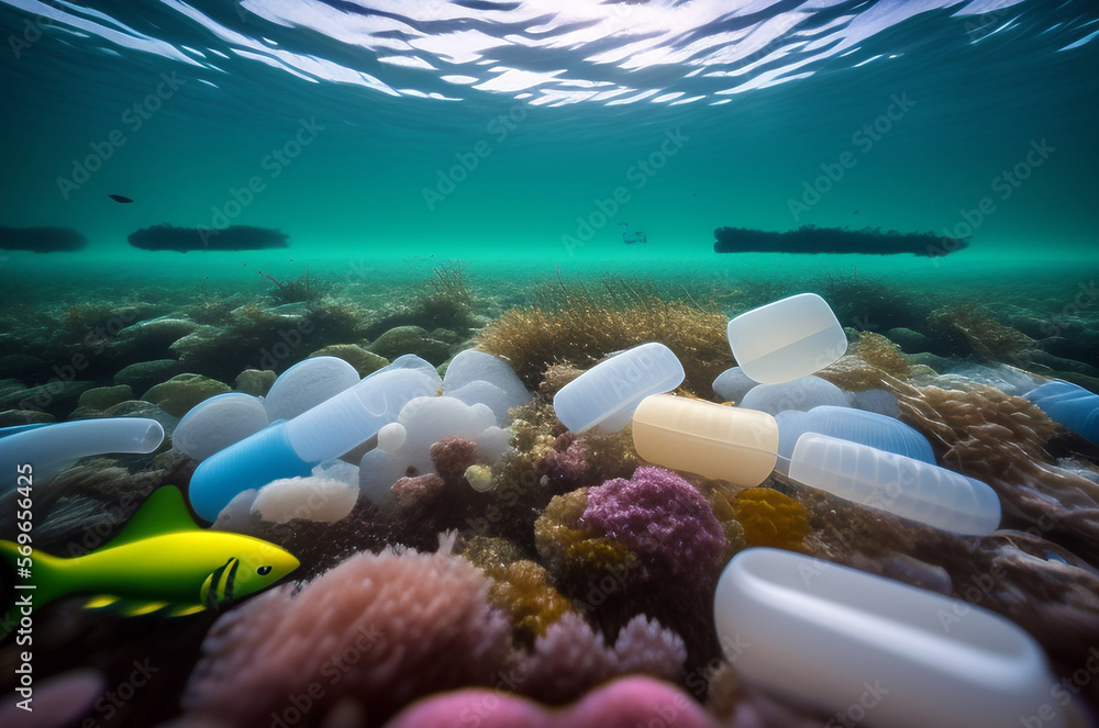 Underwater view of scrap-heap pile of garbage. Heap of plastic bottles ...