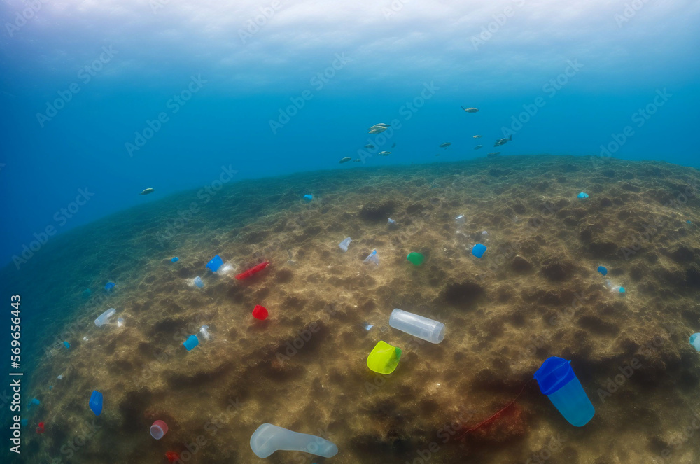 Underwater view of scrap-heap pile of garbage. Heap of plastic bottles ...
