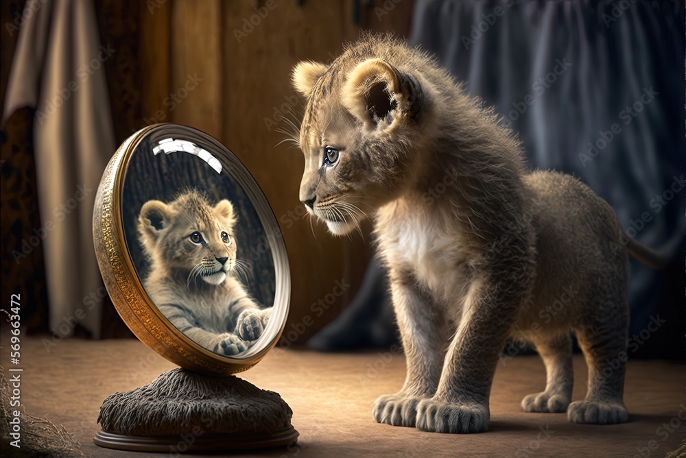 Cat examining reflection in circular mirror. Male lion is inside the ...