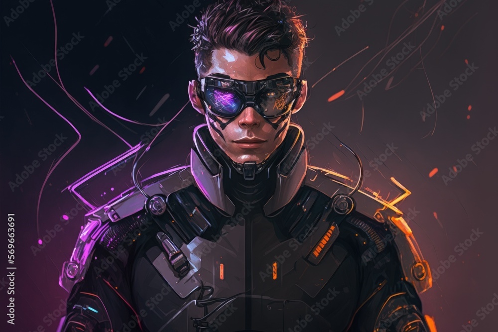 Portrait of a man wearing a cybersuit and dressing in a cyberpunk ...