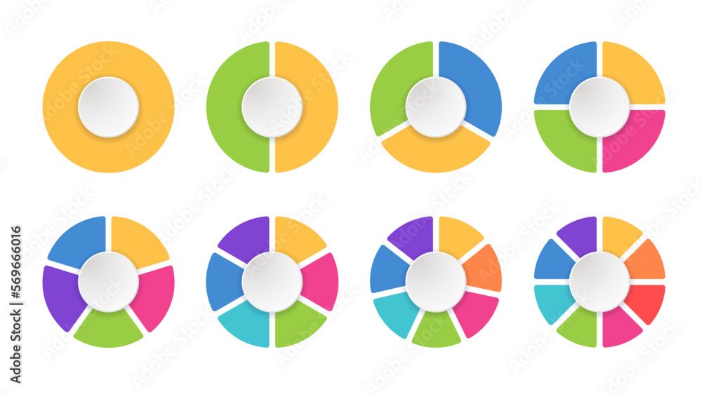 Colorful infographic with pie charts or circle slices division, showing proportional data ...