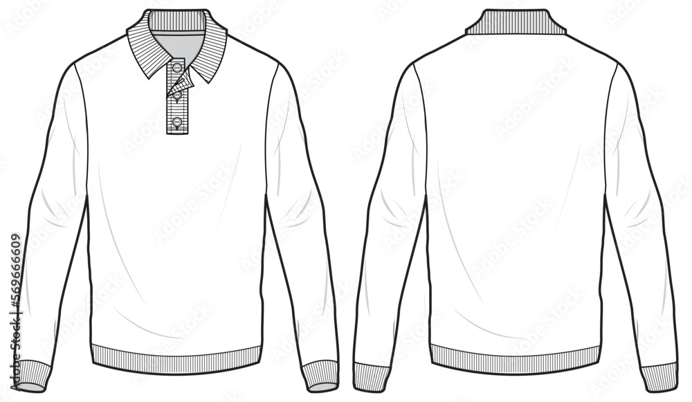 Men's long sleeve polo collar T Shirt flat sketch fashion illustration ...
