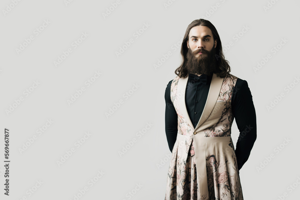 Non binary person with beard, long hair and wearing make up and elegant ...