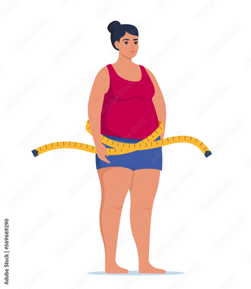 Vetor de Fat obese woman and measuring tape. Oversize fatty girl ...
