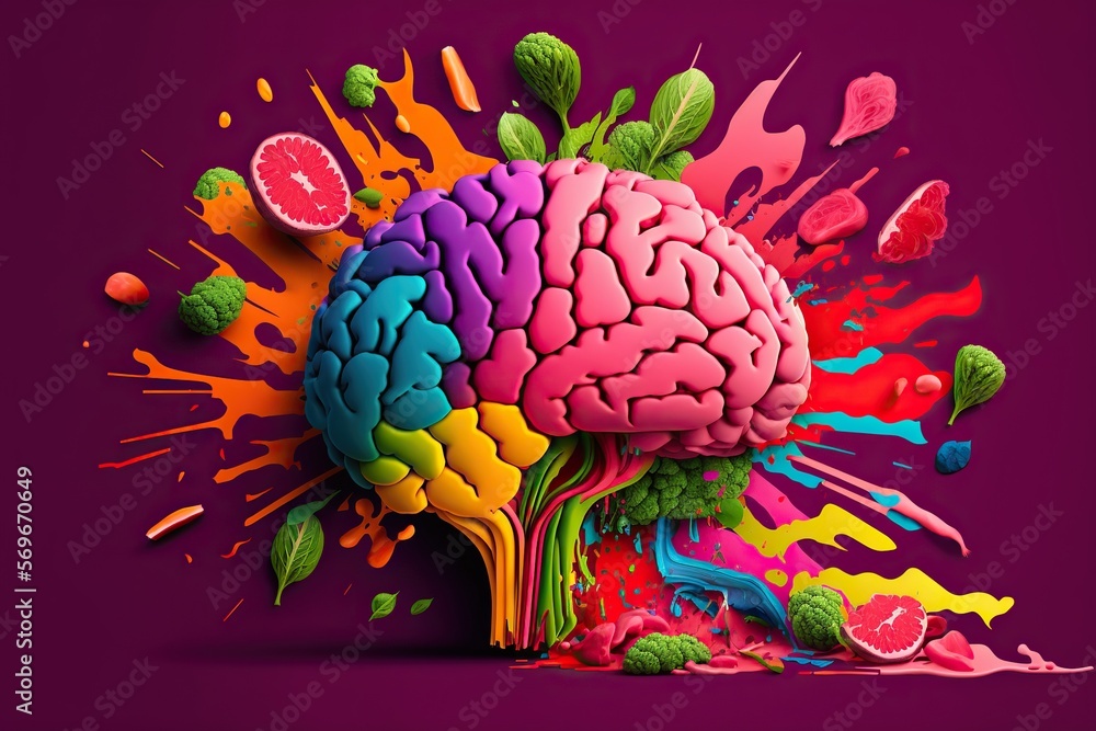 Exploded brain made of colorful vegetables on magenta background ...