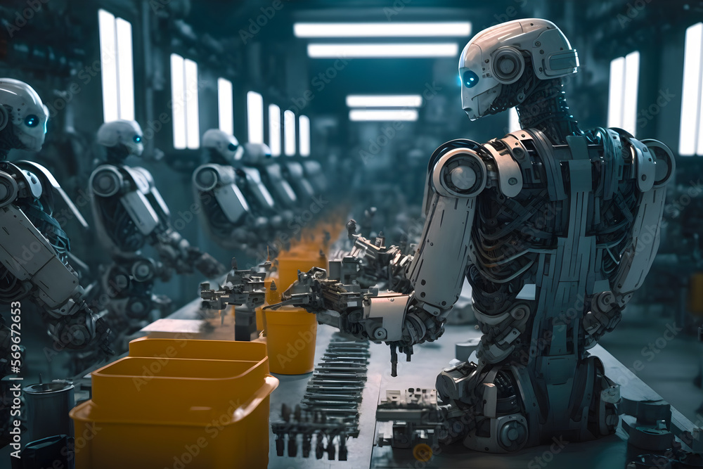 Humanoid robots on assembly lines for production in a factory. Concept ...