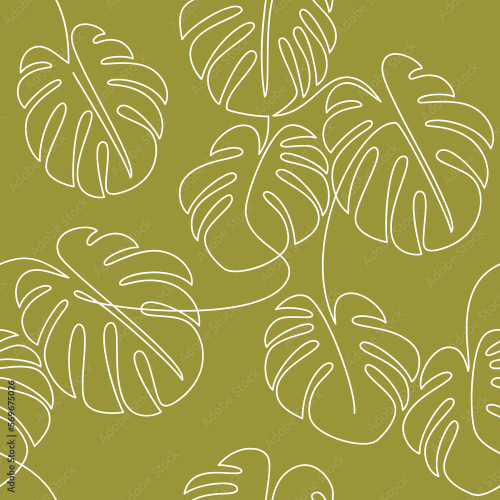 Contour botanical seamless pattern vector. Monstera plant leaves. One ... Contour botanical seamless pattern vector. Monstera plant leaves. One ...