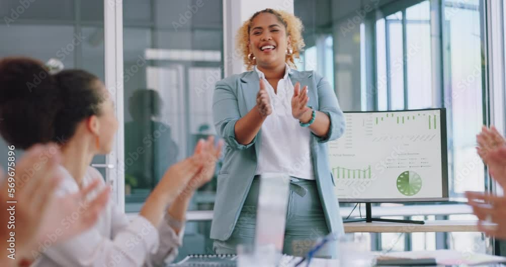 Business people in meeting, applause and screen, black woman speaker ...
