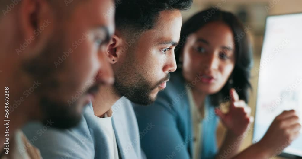 Business team, tech conversation and computer work of a web management ...