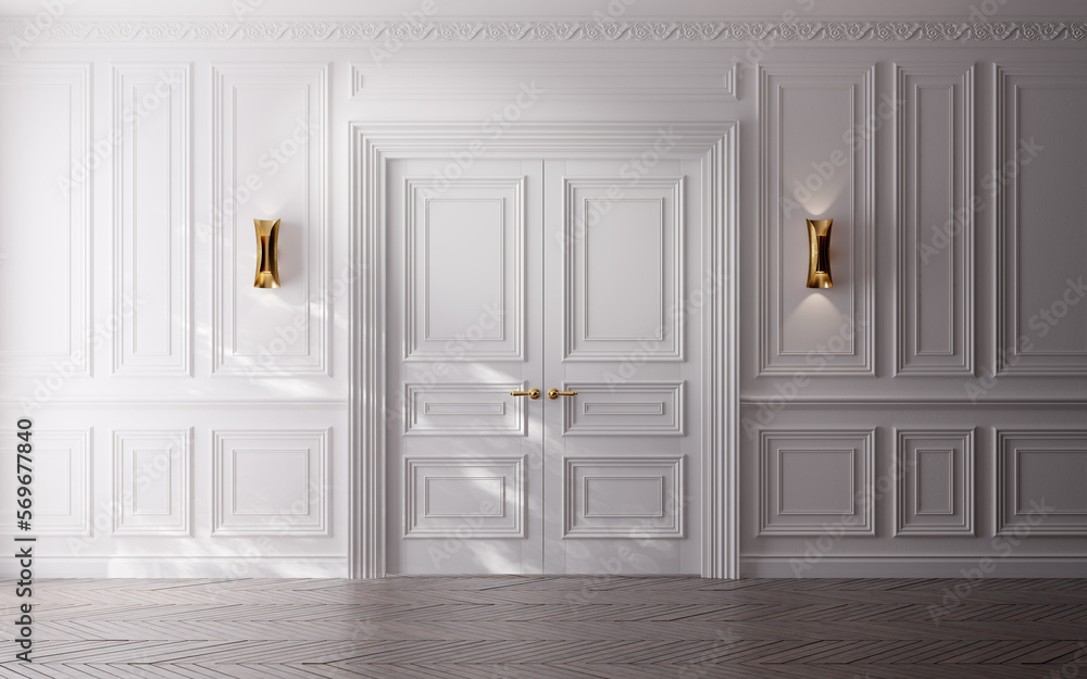 Neoclassical luxury empty room with white double doors. Stock ...