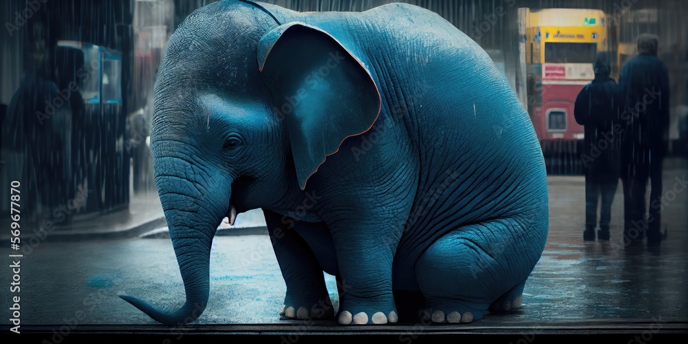 Blue Monday elephant concept, sad depressing day, elephant in a room ...