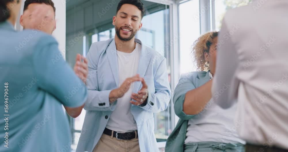 Teamwork, hands together and celebration in office with high five for ...