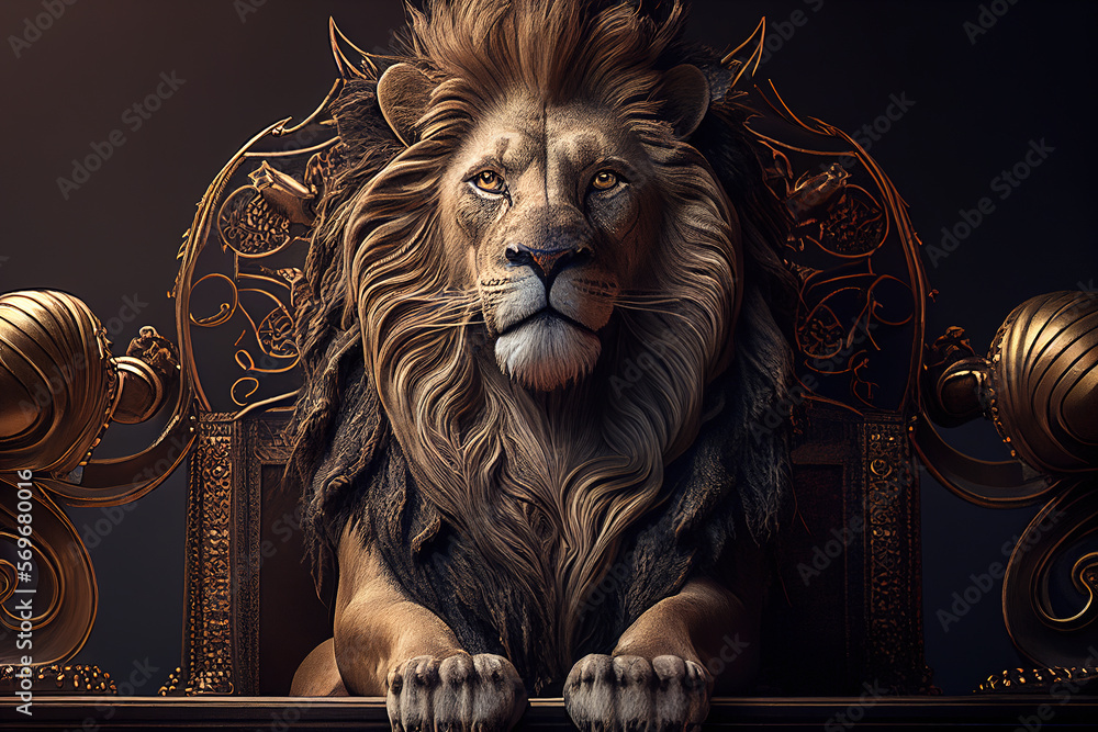 Golden shining king of beasts lion on a royal golden throne.AI ...