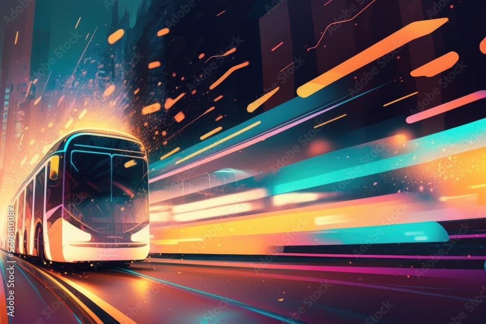 Motion blur and digital data flow on the road give the impression of ...