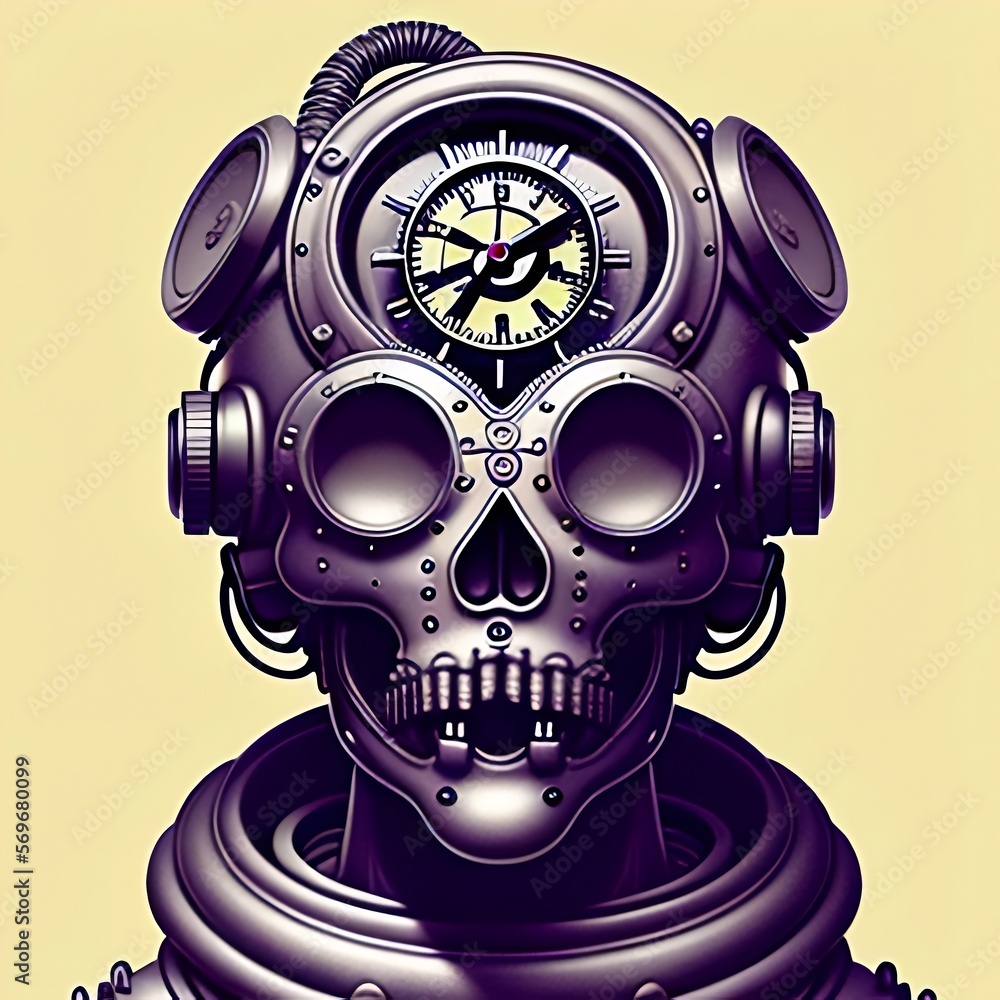 Skull with a clock on its head and a machine in its head, with a clock ...