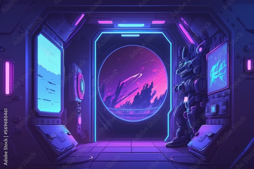 neon in the spaceship hull futuristic dazzling blue purple background ...