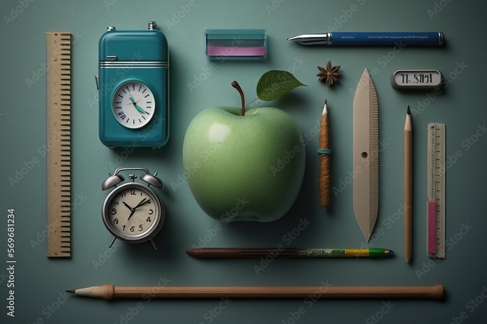 set of everyday objects arranged in visually interesting way, clock ...
