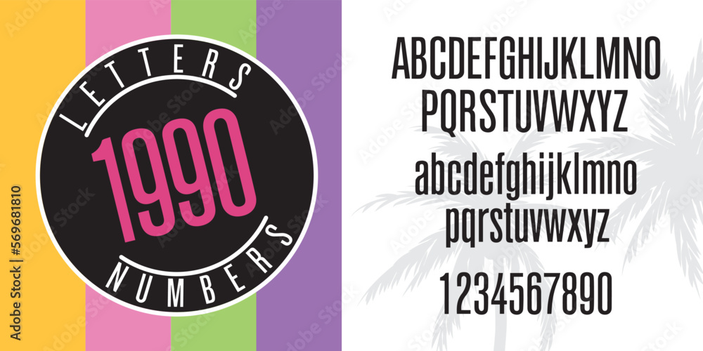 1990 Collection of letters and numbers. 90s alphabet set. Typography in ...