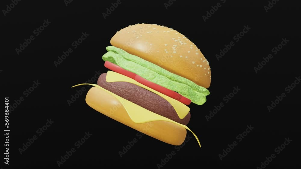 3D burger rotating on black screen or chroma key for advertisement ...