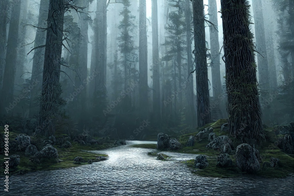 Concept art featuring the ancient gate to Valhalla. Pine forest with ...