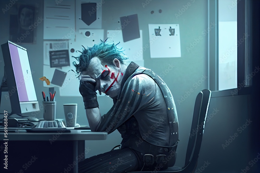 Blue Monday sad clow character in the office, too depressed and lazy to ...