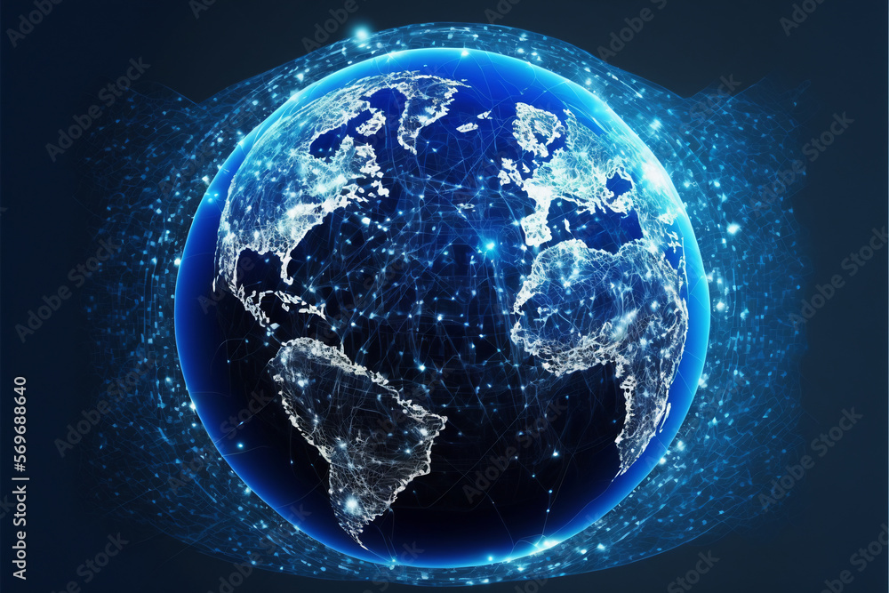 Earth Communications network map of the world. Dark blue background map ...