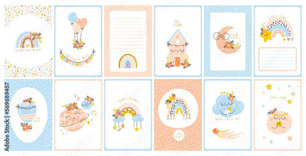 Baby shower boho template set. Vertical cards with rainbows, flowers ...